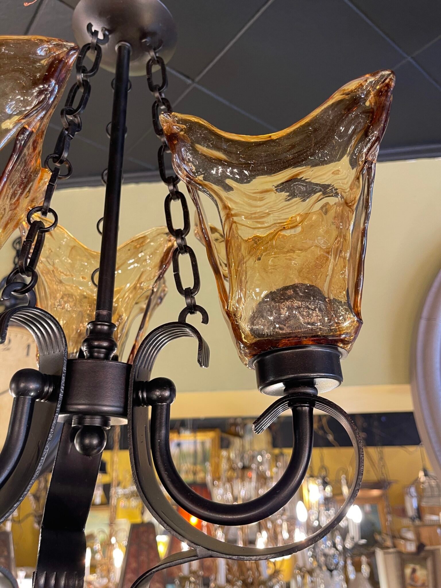 Contemporary Wrought Iron-Style Chandelier Hand-Blown Amber Glass ...