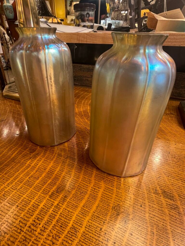 Pair of Iridescent Gold Pulled Feather Glass Shades - michaelslamps.com